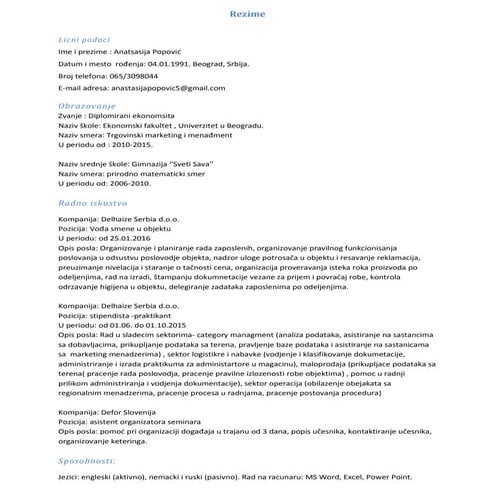 Rezime Anastasija Popović | PDF