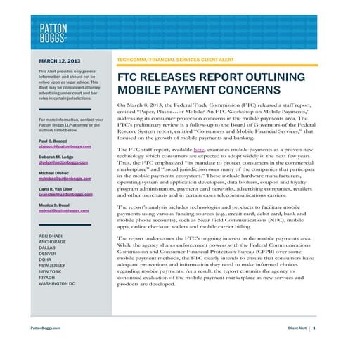 FTC Releases Report Outlining Mobile Payment Concerns | PDF