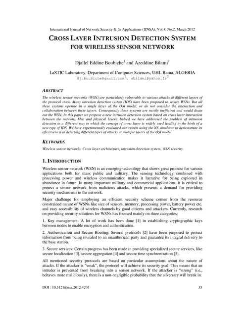 Cross Layer Intrusion Detection System For Wireless Sensor Network Pdf