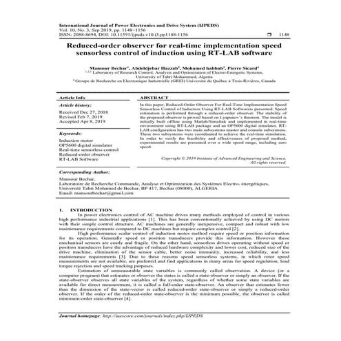 Reduced Order Observer For Real Time Implementation Speed Sensorless Control Of Induction Using