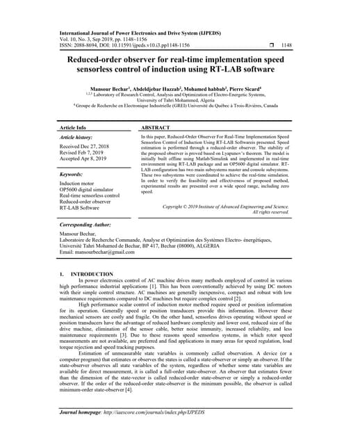Reduced Order Observer For Real Time Implementation Speed Sensorless Control Of Induction Using