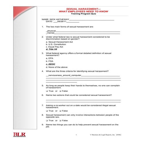 03 2011 Sexual Harassment Awareness Test | DOC