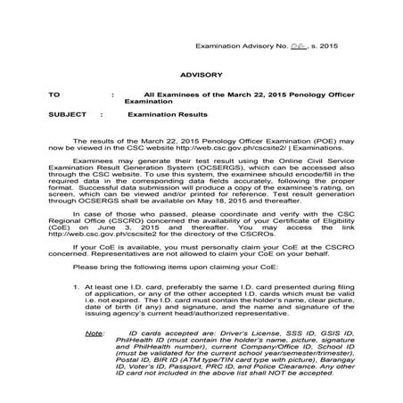 March 22, 2015 Penology Officers Examination Advisory | PDF