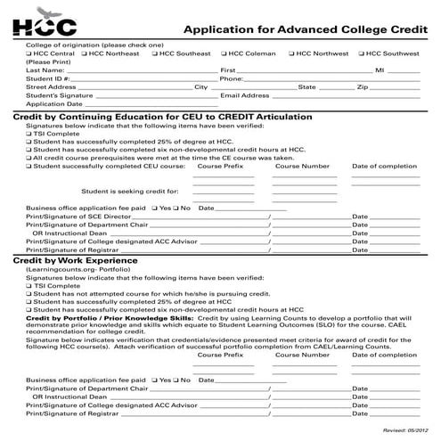 HCC Application for Advanced College Credit | PDF