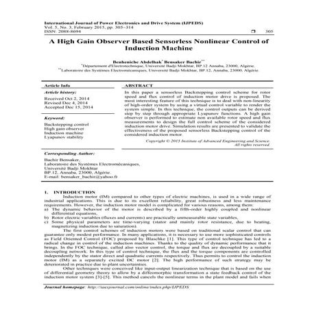 A High Gain Observer Based Sensorless Nonlinear Control Of Induction