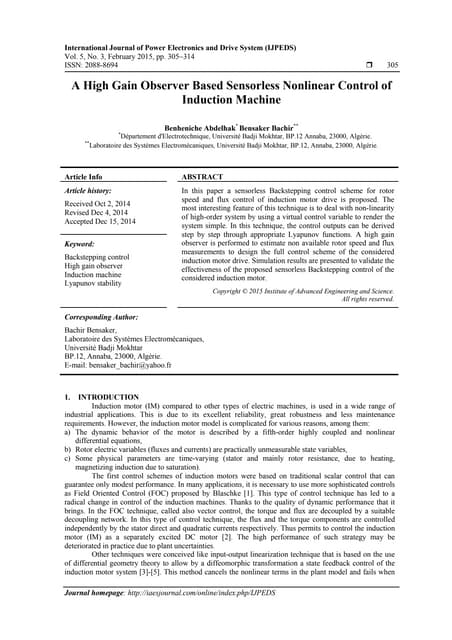 A High Gain Observer Based Sensorless Nonlinear Control Of Induction