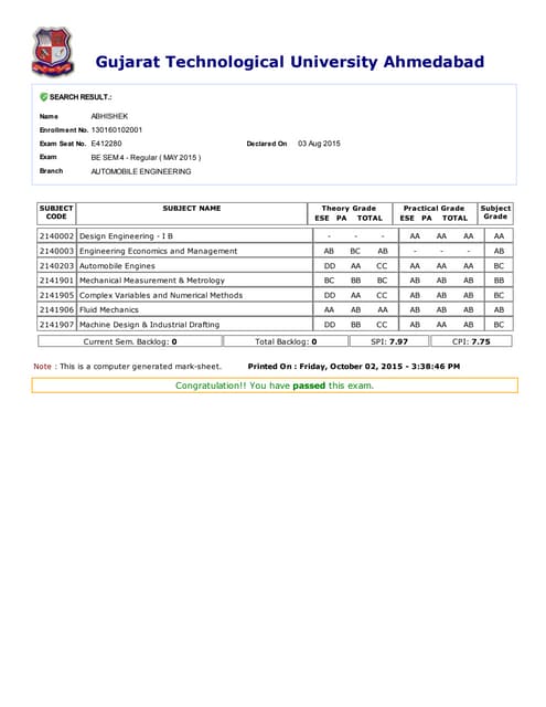Result- GTU, Ahmedabad | PDF