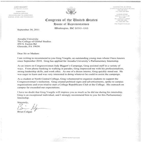 Congressional Recommendation Letter (Brian Colgan. Judy Biggert) | PDF