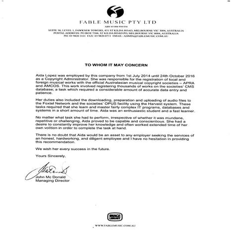 Fable Music Publishing- Reference Letter | PDF