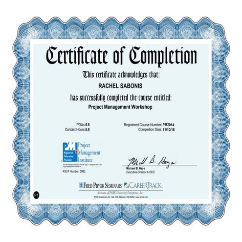 Project Management Workshop Certificate-Official | PDF