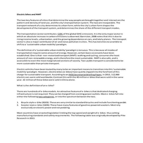 Electric bikes and NMT | DOCX | Green Vehicles | Auto Type