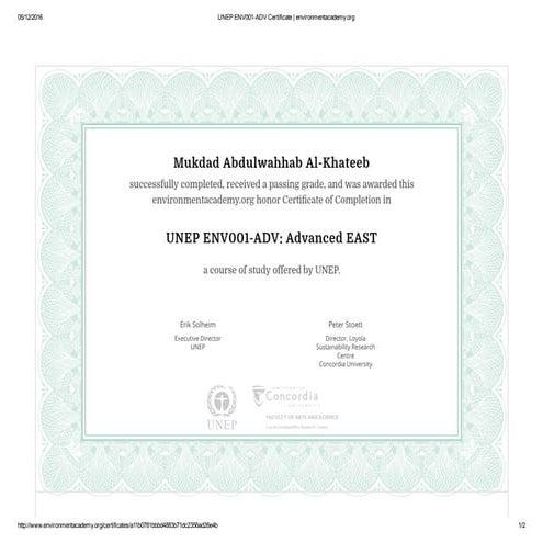 UNEP ENV001-ADV Certificate _ environmentacademy | PDF