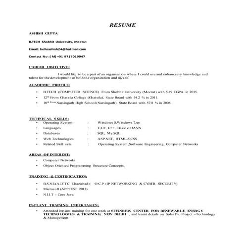 ASHISH RESUME | DOCX | Programming Languages | Computing