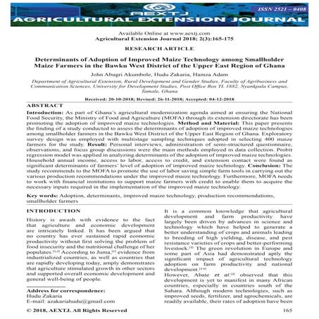 Determinants of Adoption of Improved Maize Technology among Smallholder Maize Farmers in the ...