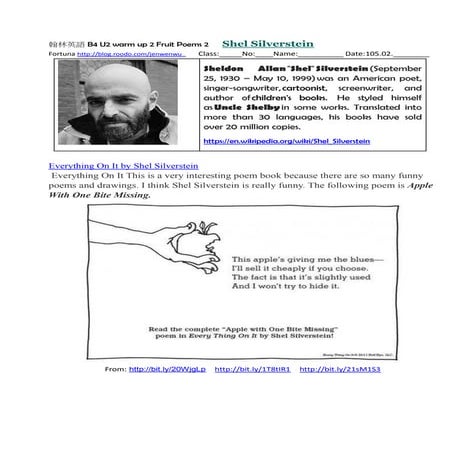 03翰林英語b4 u2 warm up 2 fruit poems 2 shel silverstein | PDF
