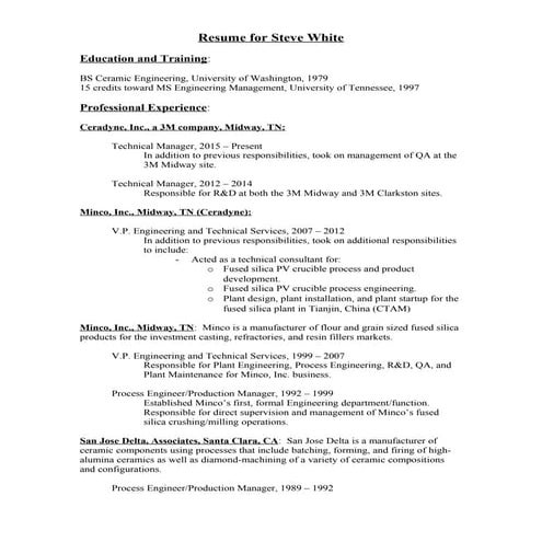 Resume for Steve White 042115 | DOC | Manufacturing Industry | Industries