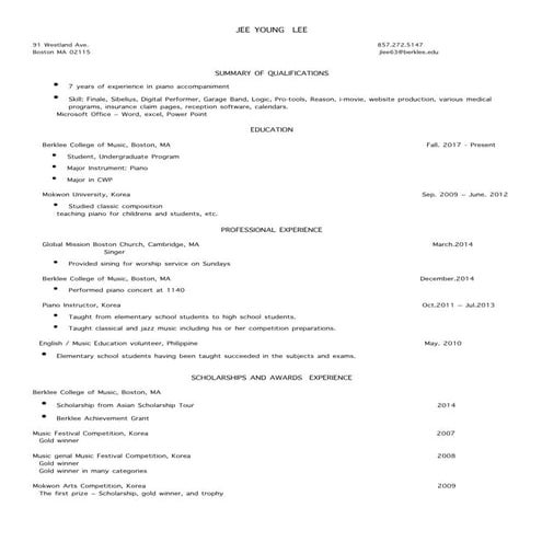 Jee young Lee resume | PDF | Music | Entertainment