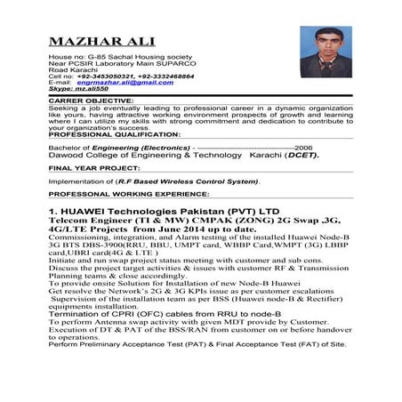 MAZHAR NEW CV with Huawei,ZTE,LCC KSA 3G | DOC