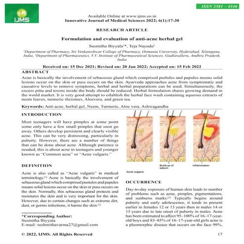 Formulation And Evaluation Of Anti Acne Herbal Gel Pdf