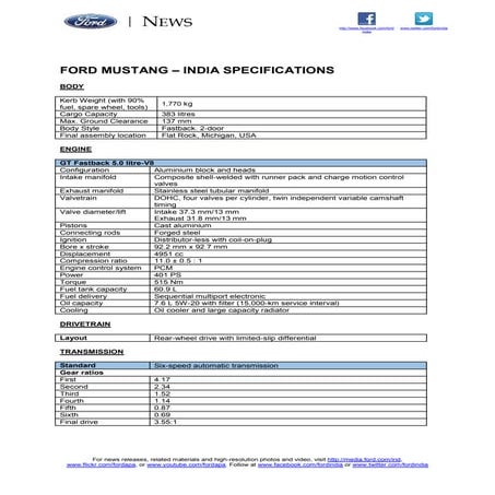 Ford Mustang Specs for India | PDF