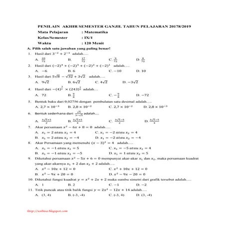Penilaian Akhir Semester Gasal Matematika Kelas IX Kurikulum13 | PDF