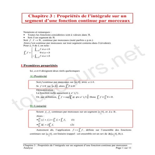 03 propriétés de l'intégrale sur un segment d'une fonction continue | PDF