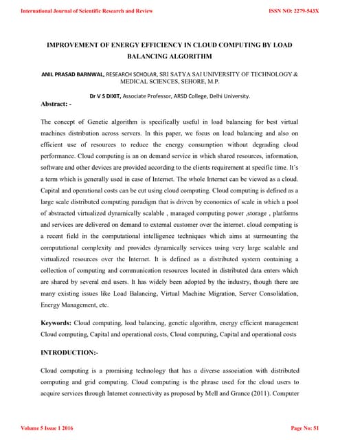 Improvement Of Energy Efficiency In Cloud Computing By Load Balancing Algorithm Pdf
