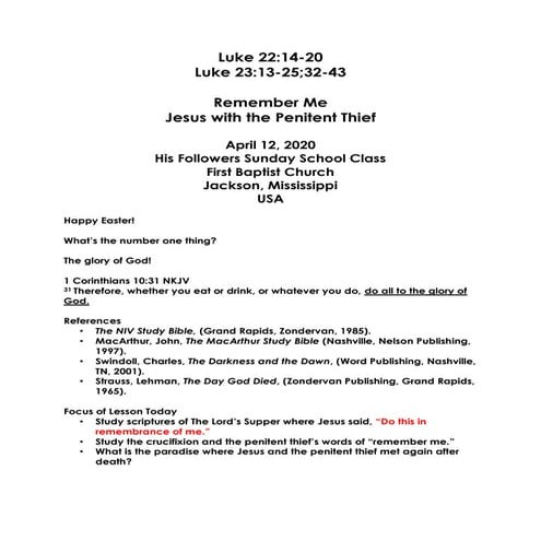 04-12-20, Luke 22;14-20, Luke 23;13-25 & 32-43, Remember Me - Jesus ...