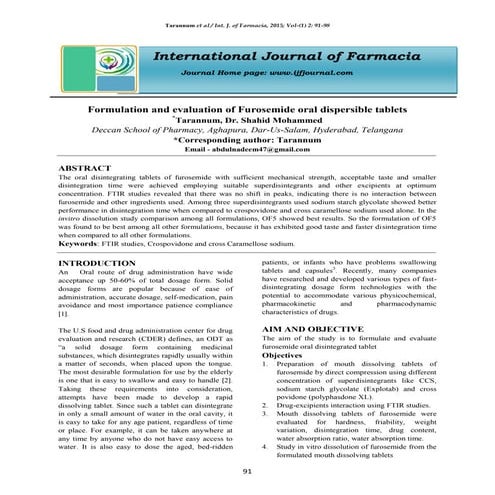 Formulation And Evaluation Of Furosemide Oral Dispersible Tablets Pdf Skin Care Beauty