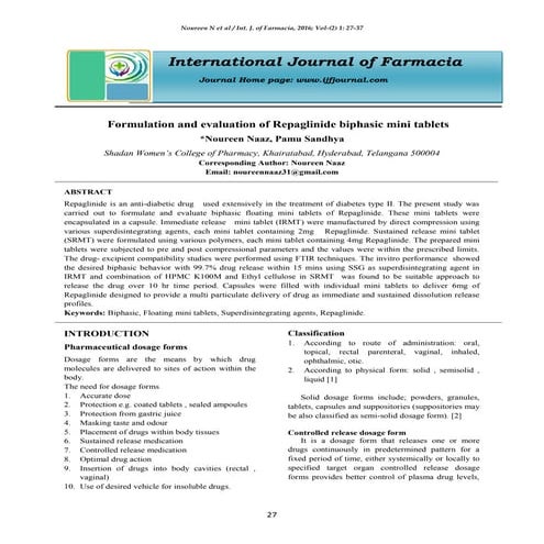 Formulation And Evaluation Of Repaglinide Biphasic Mini Tablets Pdf