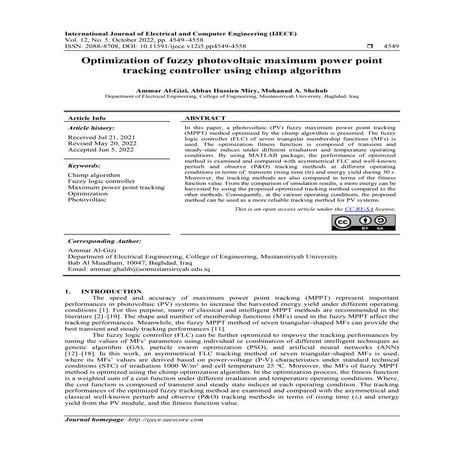 Optimization Of Fuzzy Photovoltaic Maximum Power Point Tracking Controller Using Chimp Algorithm