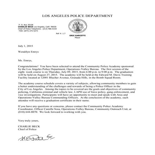 Emrys lapd comm police academy letter redacted | PDF
