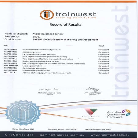TAE40110 Certificate lV in Training and Assessment | PDF