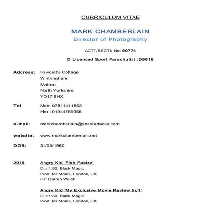 MarkCfinal_CV2016 | DOC | Television | Entertainment