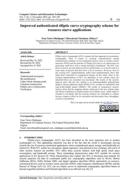 Improved Authenticated Elliptic Curve Cryptography Scheme For Resource Starve Applications Pdf