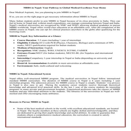 MBBS in Nepal: Your Pathway to Global Medical Excellence Near Home | PDF