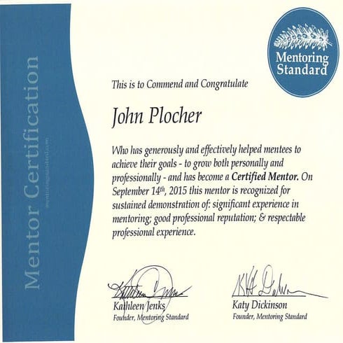 John Plocher signed Mentor Certificate 14 Sep 2015 | PPT