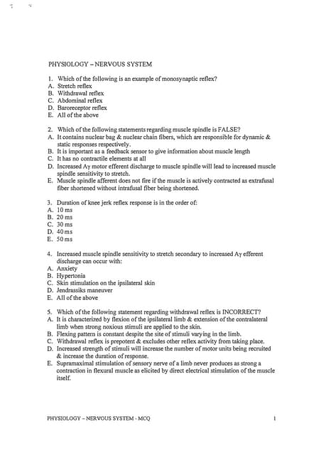 MCQs on CNS physiology | PDF