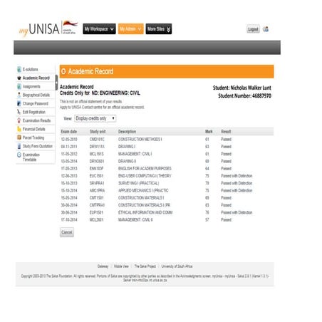 UNISA Academic Record N Lunt | PPT