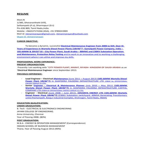Mani CV - Power Plant Maintenance | DOC