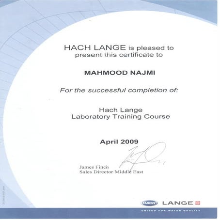 certificate of hach lange laboratory training course | PDF