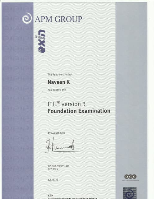 ITIL Intermediate RCV Training Certificate | PDF