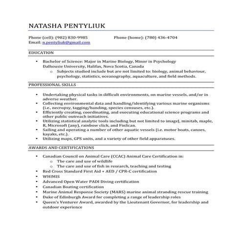 N. Pentyliuk - Marine Bio resume | PDF