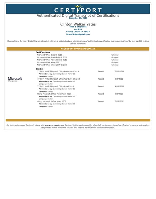 Microsoft Office Specialist Transcript | PDF