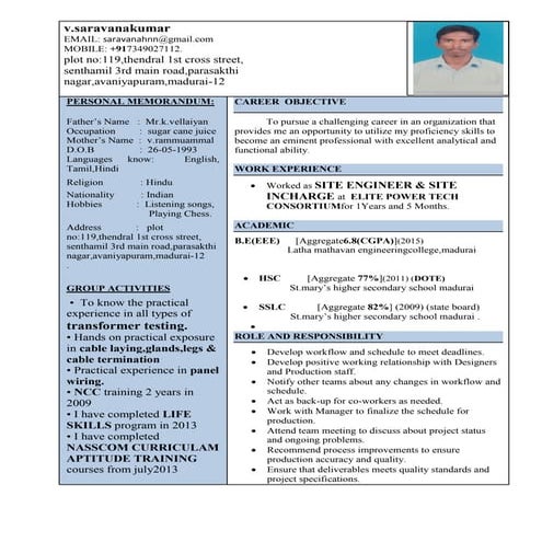 RESUME-Mohan B.E(EEE)Fresher | PDF