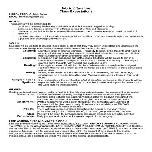 Class Expectations - World Literature | DOCX