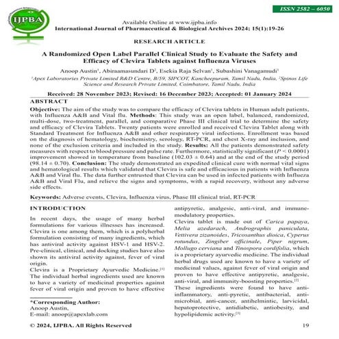 A Randomized Open Label Parallel Clinical Study to Evaluate the Safety and Efficacy of Clevira ...