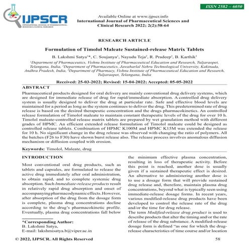 Formulation Of Timolol Maleate Sustained Release Matrix Tablets Pdf