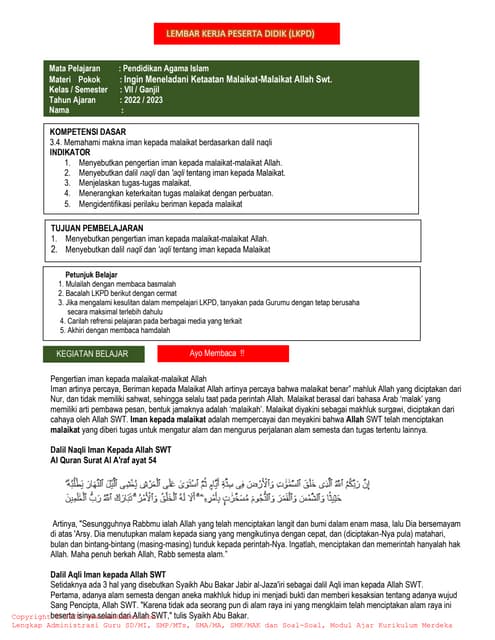 Modul Ajar Al-Qur’an Hadis Kelas 8 Fase D Kurikulum Merdeka | PDF