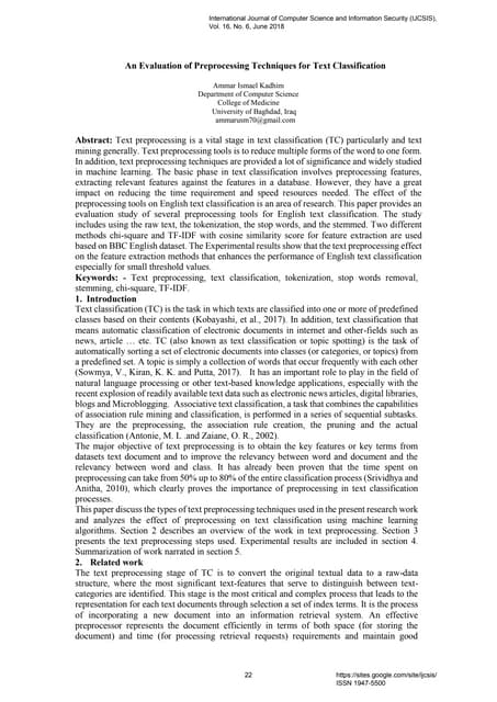 An Evaluation Of Preprocessing Techniques For Text Classification Pdf